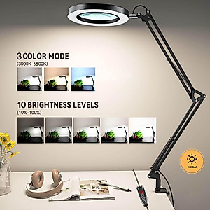 Magnifying Glass with Light and Stand, Desk Lamp with 10X Magnifying, 3 Color Modes, Dimmable Swivel Arm Magnifier Light for Crafts Workbench