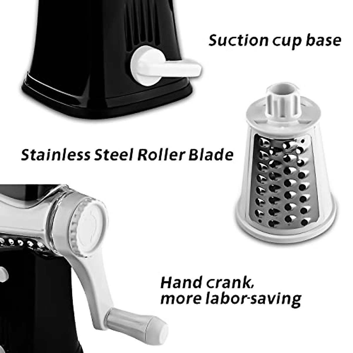 VEKAYA 5 in 1 Rotary Cheese Grater with Handle [5 Interchangeable Stainless Steel Blades] Cheese Shredder Food Vegetable Grader Hand Crank Grater for Kitchen with Bonus Storage Box for Blades - Black