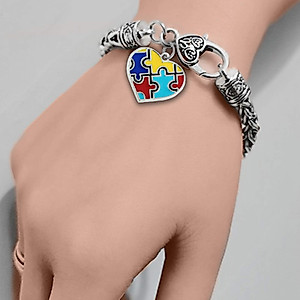 MiniJewelry Autism Awareness Love Heart Puzzle Jigsaw Charm Bracelet for Women Family