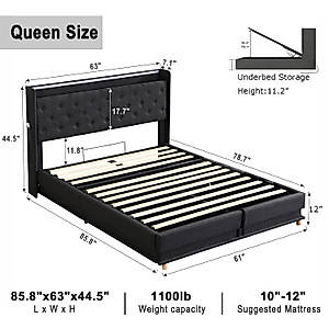 Ailisite Lift Up Storage Bed Queen with Headboard and Storage, Black Upholstered Storage Bed with Wingback Tufted Headboard, Led Queen Size Bed Frame with Charging Station, No Box Spring Needed