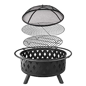 LEAYAN Garden Fire Pit Grill Bowl Grill Barbecue Rack Round Large Fire Pit with Protective Cover and Poker, Steel Outdoor Patio Heater, Garden and Charcoal Burner, Black,Outdoor Fire Pits