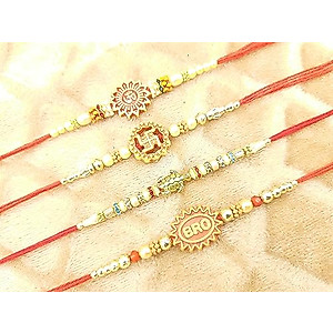 Rakhi for Brother Sister celebration. Designer Multicolor Stones Rakhi Gift, Wrist bands for loving, Brother, Sister, Father & family. (Rakhi Des.4- Om, Bro &Good Luck Tortoise Set of 4, Small)
