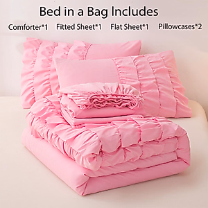 Yadangxiawa Teen Girls Pink Princess Dress Comforter Set Queen Size, 5 Pcs Bed in a Bag Girls Queen, Girls Pink Ruffled Bedding Set, Teen Bedding Sets for Girls Kids with Sheets