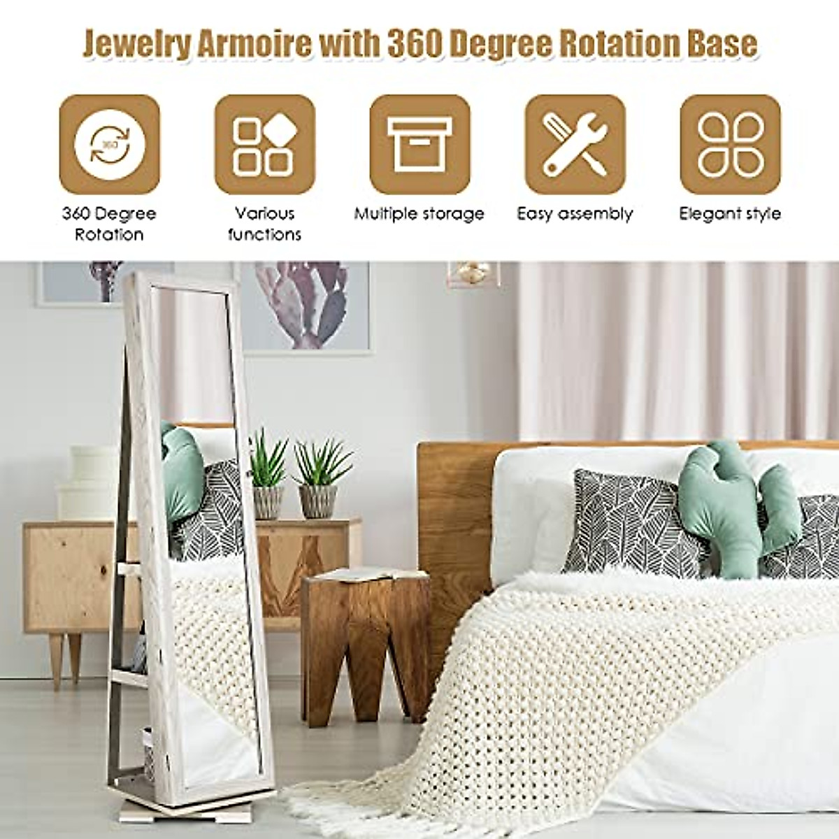 MAT EXPERT 360 Rotating Jewelry Armoire with Mirror, Freestanding Jewelry Storage Mirror w/78 Ring Slots, 24 Necklace Hooks, 120 Earring Slots, Lockable Standing Jewelry Organizer for Makeup (White)