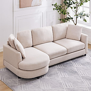 Mjkone Curved Small Cloud Couch, 3-Seat Living Room Minimalist Style Comfy Sectional Sofa, Modern Linen Fabric L Shaped Sofa Couch with Chaise for Apartment Office, Beige