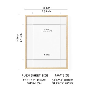TONES FRAME DESIGN 11x14 Natural Wood Frame with 8x10 Mat, Set of 2 Picture Frames, Solid Wood Venner Finish, and Plexiglass Front for Poster Gallery Wall Home Decor
