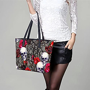 Womens Handbag Skulls Rose Flowers Leather Tote Bag Top Handle Satchel Bags For Lady