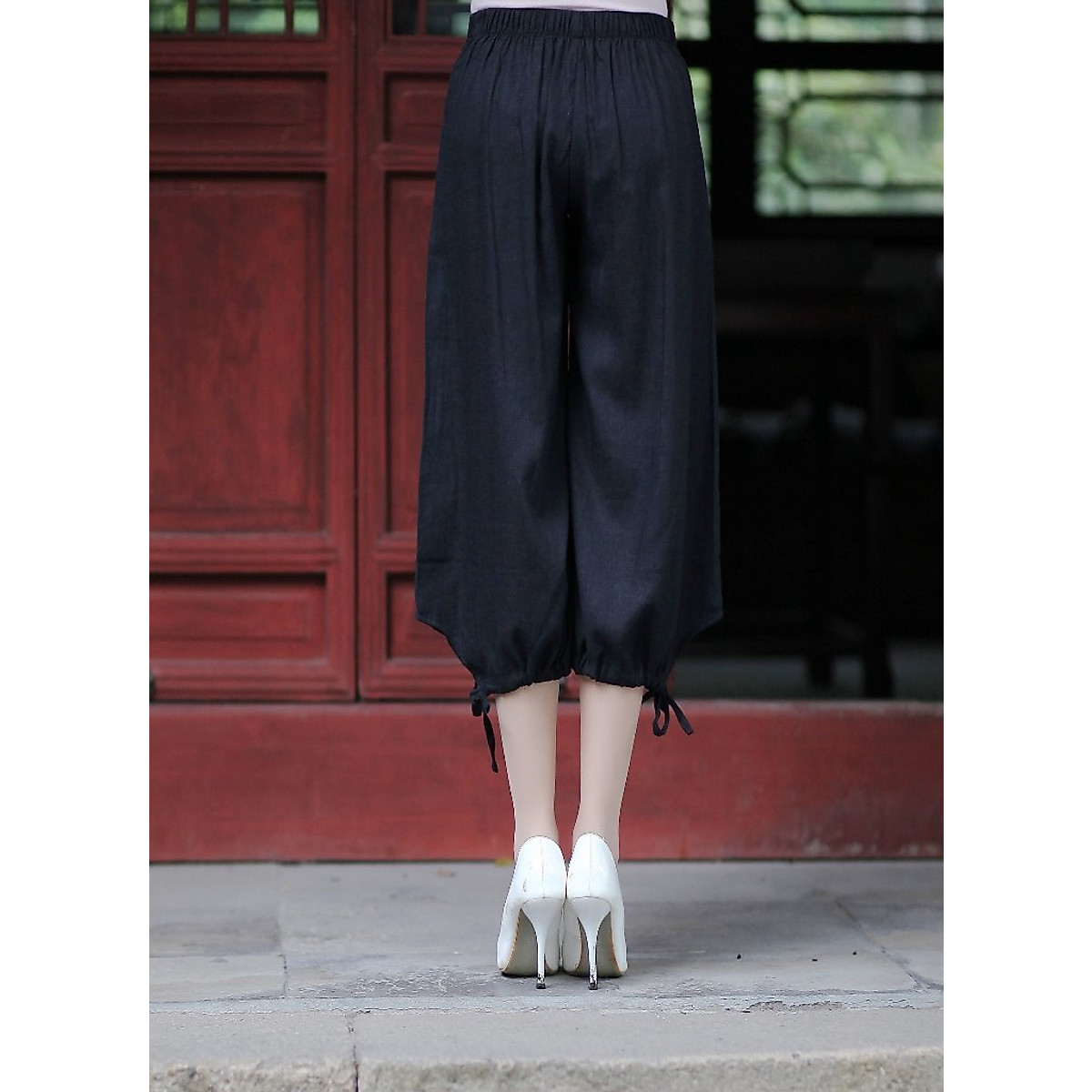 Shanghai Story Women Linen Elastic Waistband Wide Leg Capri Pants Black XL