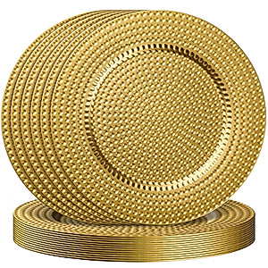 18 Pcs Round Charger Plates 13 inch Decorative Plastic Chargers for Dinner Plates Reusable Elegant Serving Plate with Hammered Edge for Wedding Dinner Party Event Dining Table Decoration (Gold)
