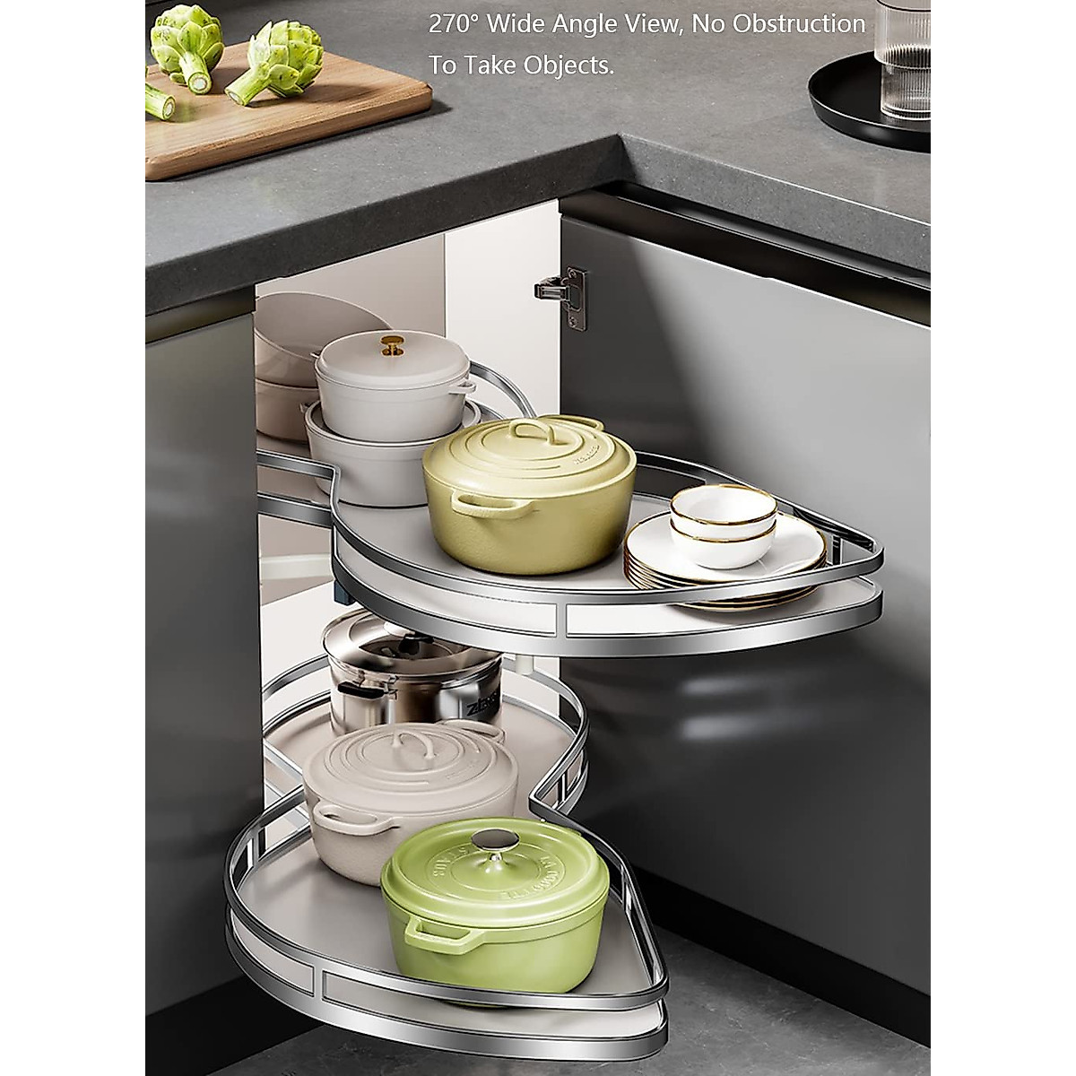 JayHumphrey Blind Corner Cabinet Pull Out Shelf Organizer, Soft Close Swing Right Pull Out Cabinet Organizer 36inch, 2 Tier Kitchen Cabinet Swing Tray (Swing Right)