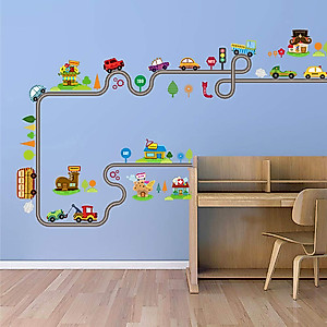 OOTSR Wall Decals, Car Track Wall Sticker Decor for Boys Girls Bedroom, Nursery Room, Home, Living Room Decor