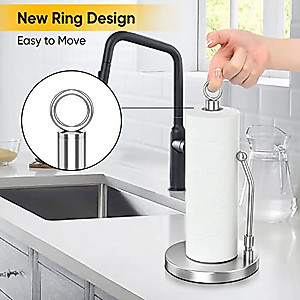 Paper Towel Holder Stainless Steel - One Hand Tear Paper Towel Dispenser Standing Weighted Base Non Slip, Spring Arm, Stainless Steel Paper Towel fits in Kitchen Bathroom Countertop Silver