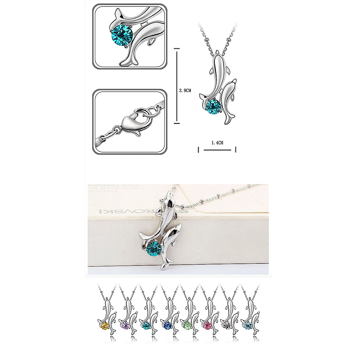 White Gold Plated Happy Play Dolphins with Round Cubic Zirconia Crystal Necklace Fashion Jewelry for Women (A Blue)