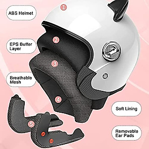 Fashion Cat Ear Motorcycle Helmet, Retro 3/4 Open Face Electric Scooter Moped ATV Street Jet Half Helmet All Season Universal Vespa Quick Release Buckle Helmets, DOT Approved -D-50-64CM