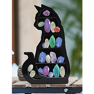 Cat Wooden Crystal Display Shelf, Cute Moon Phase Crystal Shelf, Wall Mounted Floating Shelves, Crescents Moon Phase Shelf for Crystals Stone, Essential Oil, Small Plant Art, Gothic Witchy Home(Cat)