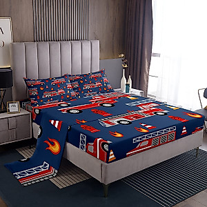 Cartoon Car Bed Sheets Set Fire Truck Sheet Set for Kids Boys Girls Room Decor Firefighter Sheets with Deep Pocket Fitted Sheet Firemen Car Vehicle Fire Engine Blue Red Bedding Set 4Pcs Full
