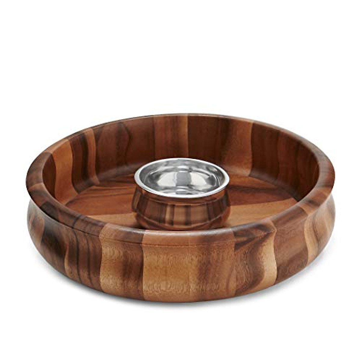 nambe - Nara Collection - Curved Chip & Dip Bowl 13" x 3.5" - Inner Mini Nambe Alloy Dip Bowl - Measures at 13" x 3.5" - Made with Nambe Alloy and Acacia Wood - Designed by Sean O'Hara