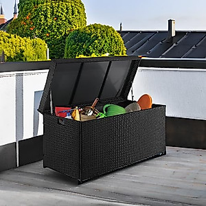 VINGLI Upgraded Version 132 Gallon Outdoor Storage Box, Patio Rattan Deck Box, Wicker Storage Bench for Indoor, Outdoor, Pool, Balcony, Yard, Garden, Black