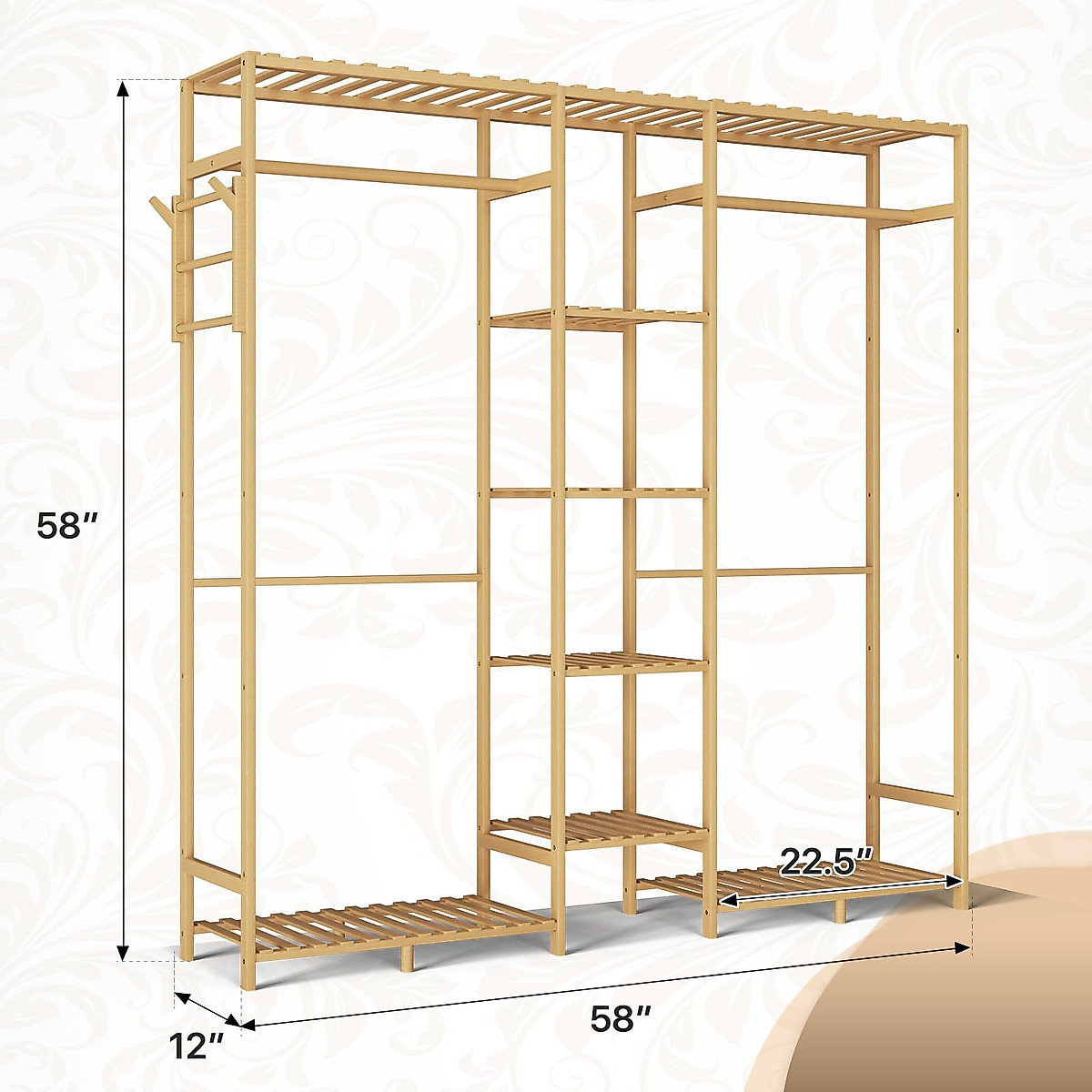 Athena Collection 59" Bamboo Garment Rack Multi Tier Clothes Rack Storage Shelves with Side Hook & Pants Rack, Heavy Duty Clothing Hanging Rack Freestanding Indoor Wardrobe Closet Organizer, Natural