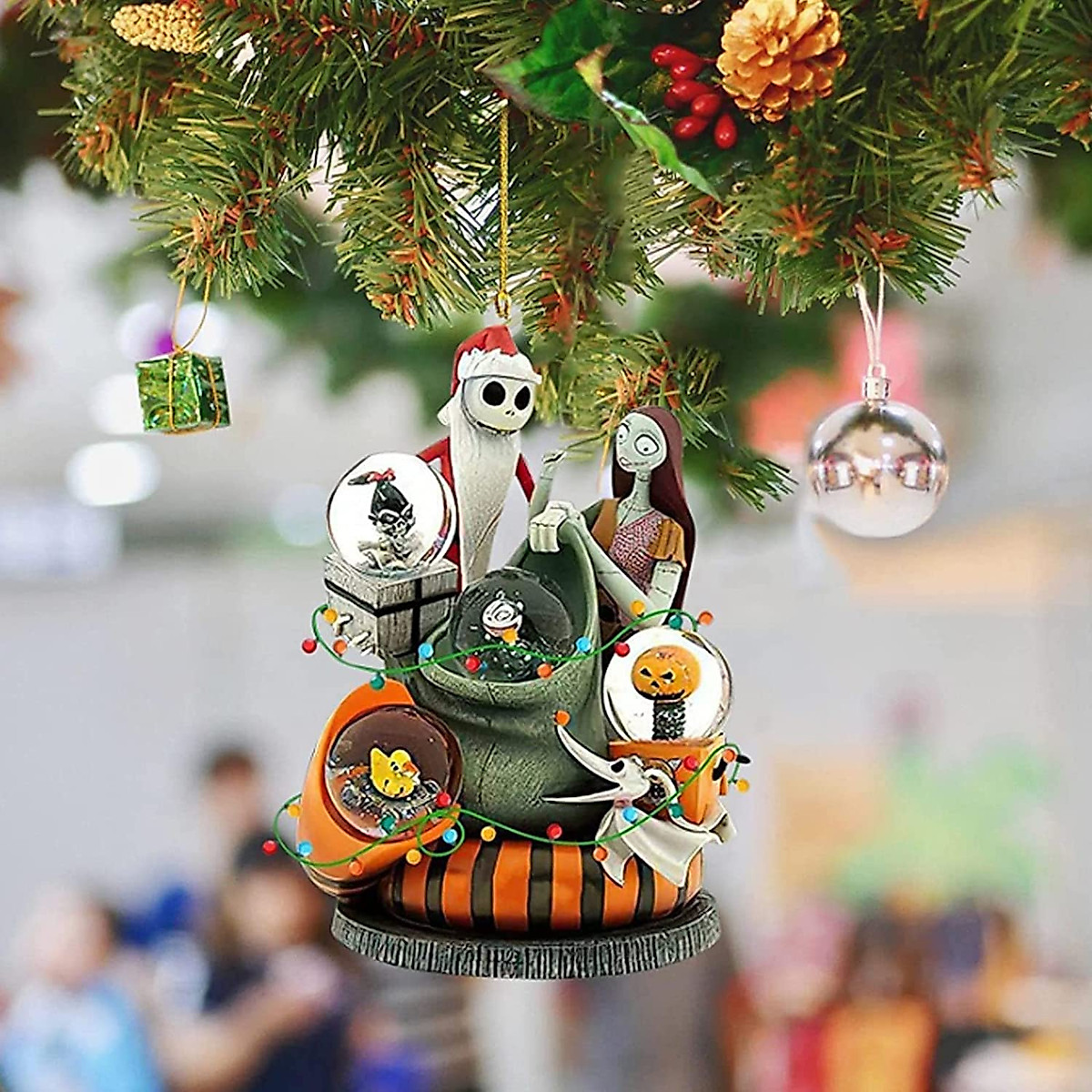 2023 Nightmare Halloween Christmas Tree Decorations, Cute Jack and Sally Christmas Pendants, Flat Christmas Ornaments Set for Xmas Tree and Car Interior (A)