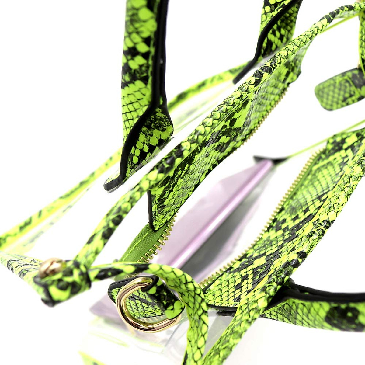 Stadium Approved Vegan Leather Snake Print Small Large Clear Tote Bag Purse (Small 2 Way Tote - Neon Yellow)