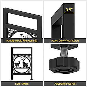 Timechee Firewood Log Rack Holder, Wrought Iron Fireplace Bin Log Rack with Adjustable Foot Pads, Heavy Duty Log Carrier Rack Storage Bin for Firepit Stove Indoor (Deer)