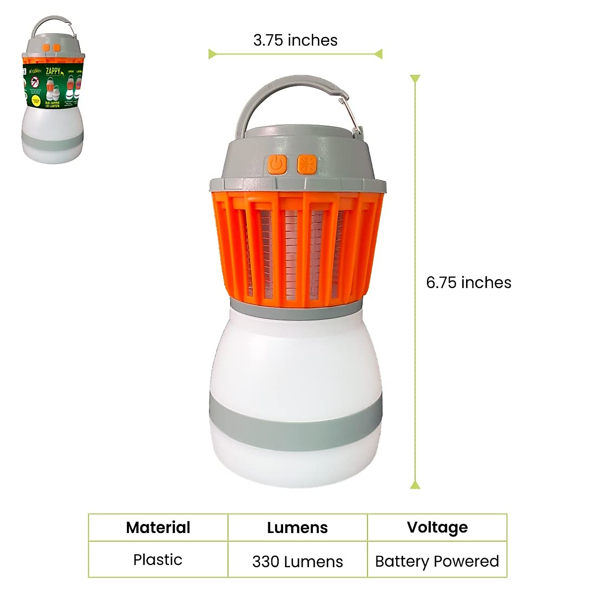 GoGreen Power (GG-ZAPPY) Zappy Rechargeable Lantern with Built in Bug Zapper, USB Rechargeable Lantern, 330 Lumens, Orange
