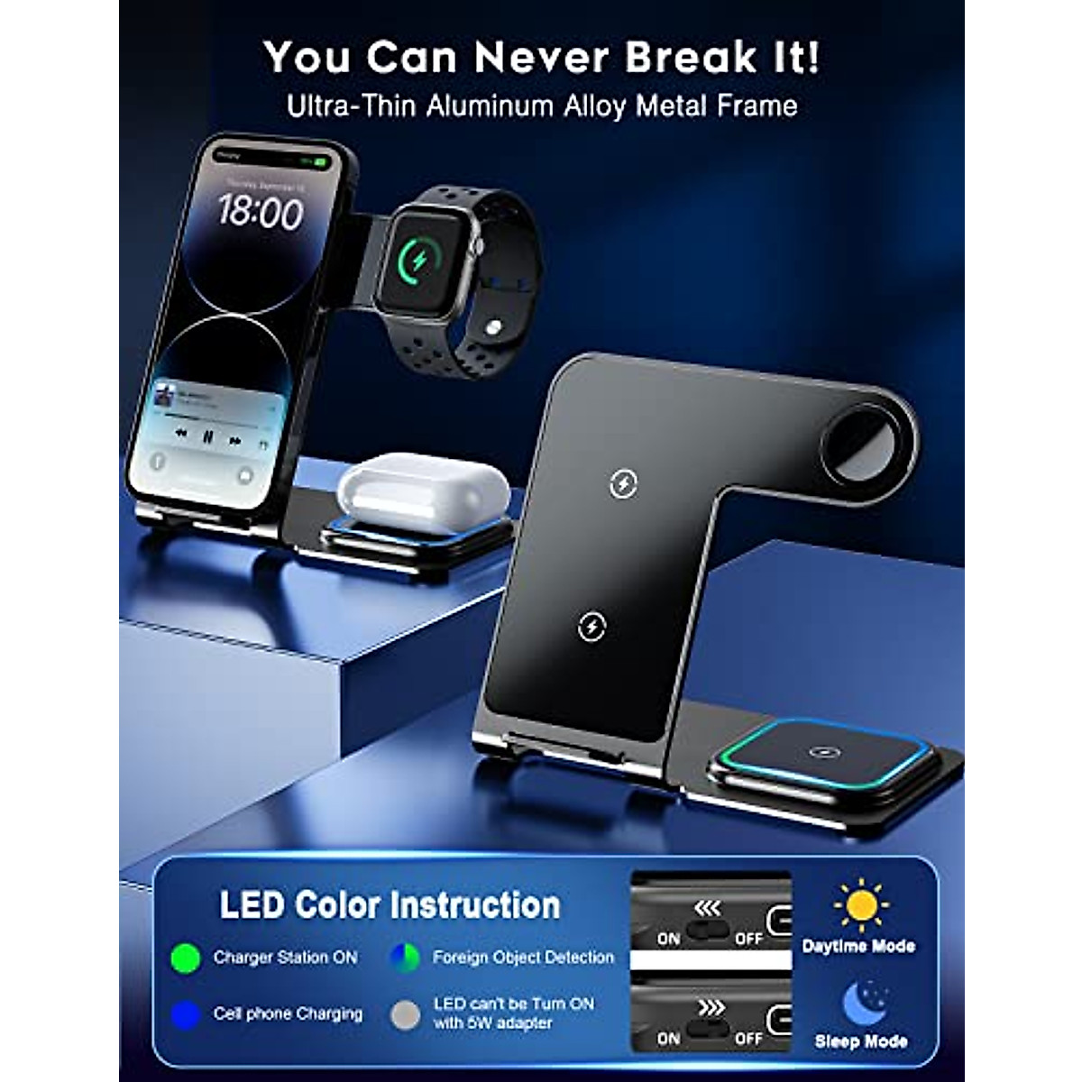 Venere Wireless Charging Station for Apple Devices, Aluminum Alloy 3 in 1 Phone and Watch Charging Station 15W Fast for iPhone14/13/12/11/X/SE/8/Apple Watch/AirPods Pro with 5ft Cable & 20W Adapter