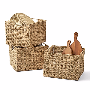 Artera Home 3-Piece Wicker Cube Storage Baskets, 13" x 11" x 9", Beige