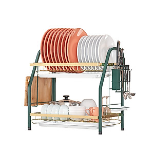 Boiarc Dish Drying Rack, 2 Tier Dish Rack for Kitchen Counter with Drainboard and Utensil Holder, Large Dish Drainer for Small Kitchen - Gold and Green¡­