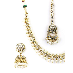 Priyaasi Kundan Indian Jewellery Set for Women with Mang Tikka | Gold-Plated | Floral-Leaf Design | Pearl Drop | Indian Bridal Jewelry Set for Wedding | Jhumka Earrings | White & Golden