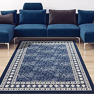 Antep Rugs Alfombras Modern Bordered 8x10 Non-Skid (Non-Slip) Low Profile Pile Rubber Backing Indoor Area Rugs (Navy Blue, 7'10" x 10')