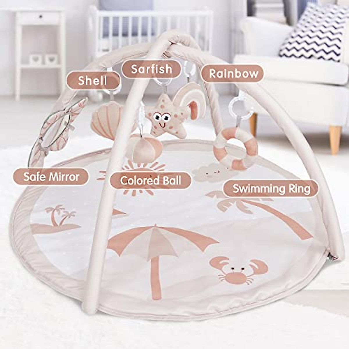 Baby Gym and Infant Play Mat, Sensory and Motor Skill Development Language Discovery Activity Gym, Non Slip Washable Playmats for Babies to Toddlers (Beach Theme)