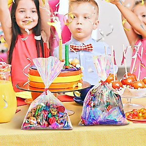 kamachic 120 Pcs Iridescent Cellophane Treat Bags 6x9 Inch, Holographic Candy Bags with Ties, Clear Favor Bags for Party, Homemade DIY, Small business