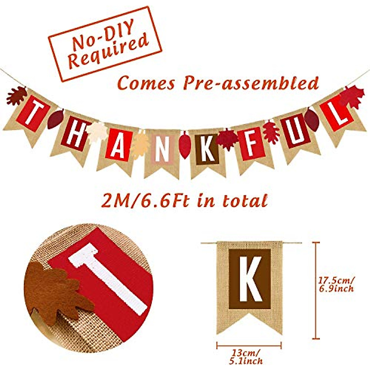 Adurself Thankful Burlap Banner Fall Autumn Maple Leaves Rustic Burlap Harvest Banner Mantel Fireplace Wall Hanging for Home Office School Party Decor Thanksgiving Decoration