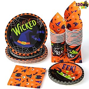 JOYIN 120 PCS Halloween Party Supplies Set with 30 Pcs Plastic Cups, 30 Pcs 9" Paper Plates, 30 Pcs 7" Plates and 30 Pcs Napkins (Serve 30), Halloween Themed Tableware Set Party Decorations