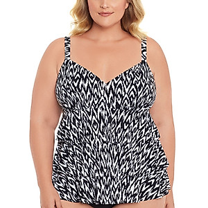 SWIM SOLUTIONS Women's Black Printed Tummy Control Tiered Fauxkini Deep V Neck Adjustable One Piece Swimsuit 24W