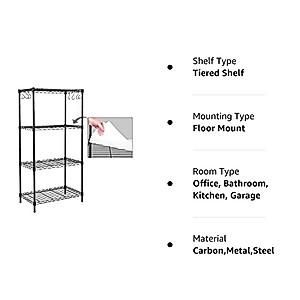 EFINE 4-Shelf Shelving Unit with 8 Hooks and 4-Shelf Liners, NSF Certified, Adjustable Metal Wire Shelves, Shelving Rack and Storage for Kitchen Laundry Bathroom Pantry Closet(23.6W x 14D x 47H) Black