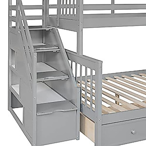 Modern L-Shaped Solid Wood Triple Bed, Twin over Full Bunk Bed with Storage Staircase and 3 Drawers, Loft Bed Frame with Ladder and Safety Guardrail for Aldults Teens Kids, Maximized Space (Grey)
