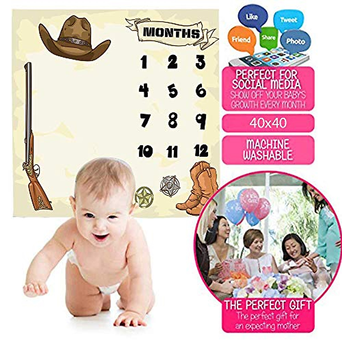 Cowboy Theme Baby Monthly Milestone Blanket, 48x40in Soft Flannel, Gun Boots Hats Nursery Blanket for Newborn Mom Gifts, Baby Shower Age Growth Tracker with Bonus Maker BTZYFS17