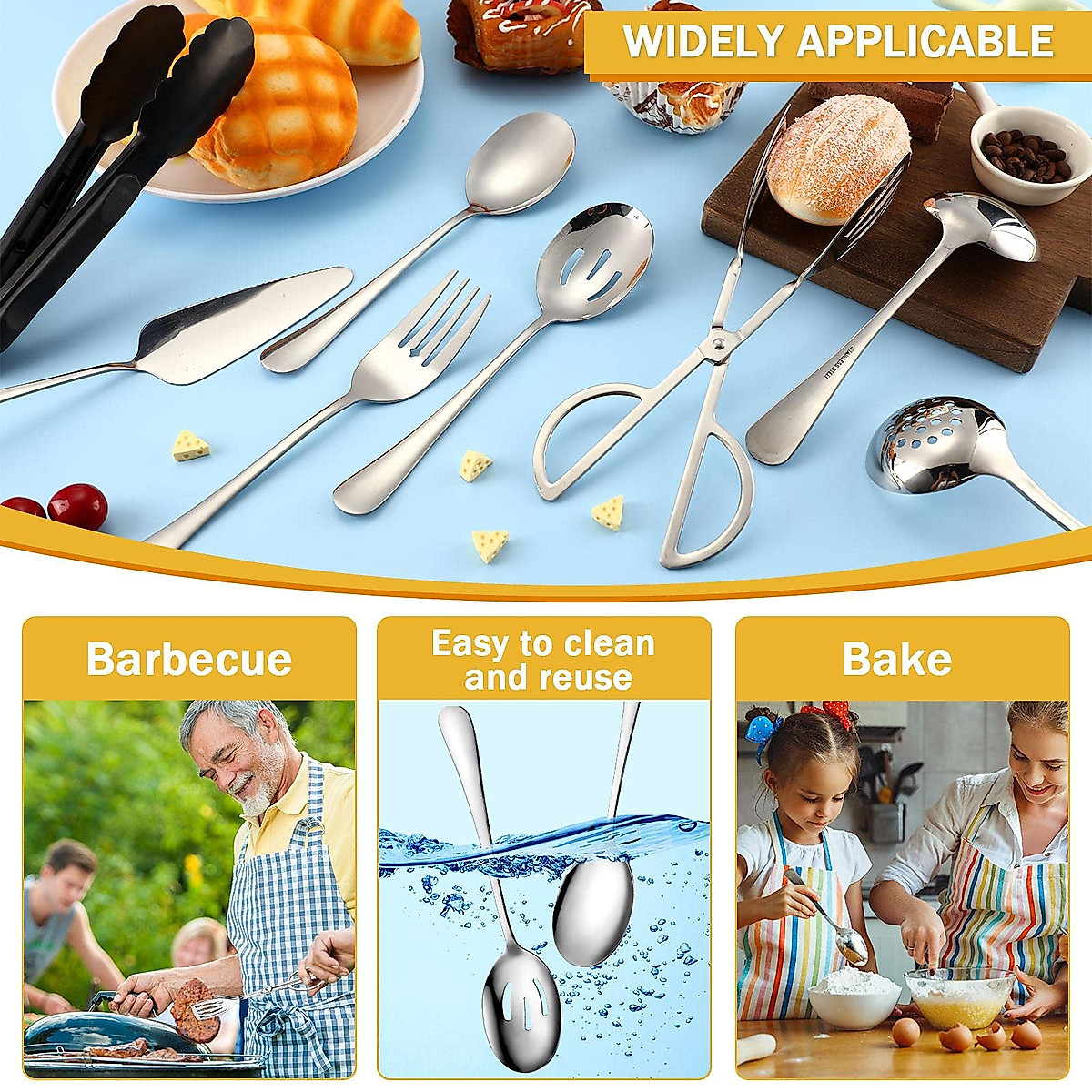 Tanlade 19 Pcs Stainless Steel Serving Utensils Set Flatware Include Spoons Forks Slotted Spoons Soup Ladle Skimmers Pie Server Serving Tongs for Home Buffet Party Breakfast Dinner(Silver, Black)