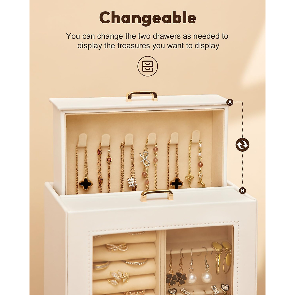 Homde Jewelry Organizer Girls Women Jewelry Box for Necklaces Rings Earrings Gift Jewelry Storage Case (White + Gold)