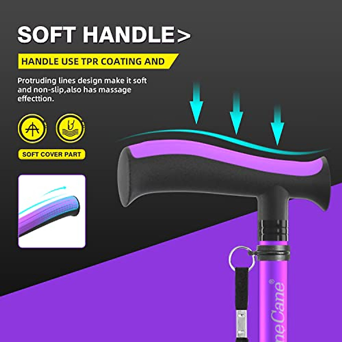 BeneCane Walking Cane for Men & Women Walking Stick for Seniors Folding Canes Quad Cane Adjustable Lightweight Sturdy Free Standing Collapsible Heavy Duty with Soft TPR T-Handle and Travel Bag(Purple)