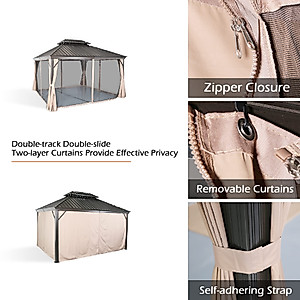 10'x12' Hardtop Gazebo, Outdoor Aluminum Permanent Pavilion Gazebo with Curtains and Netting, Brown Galvanized Steel Metal Double Roof Canopy Gazebo and Aluminum Frame for Patios, Gardens, Lawns