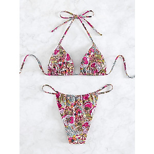 WDIRARA Women's 2 Piece Set Floral Print Tie Backless Swimwear Halter Bikini Swimsuit Floral Pink L