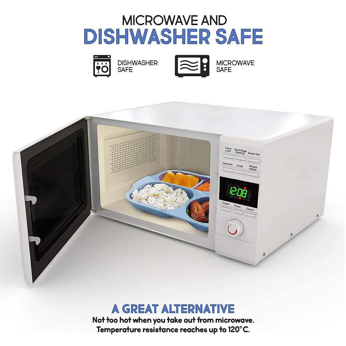 shopwithgreen Divided Plates for Kids Adults, 12 Inch (4PCS) Unbreakable Wheat Straw Section Plates, Large Lightweight Reusable Compartment Lunch Trays, BPA Free Dishwasher & Microwave Safe