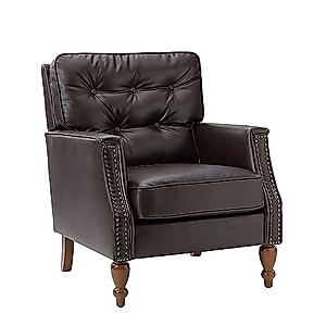 Leather Armchair Accent Chair with Nail Trim and Button Tufted Cozy Sofa Chair with Wood Legs, Tufted Club Chair for Living Room Bedroom Office (Brown)