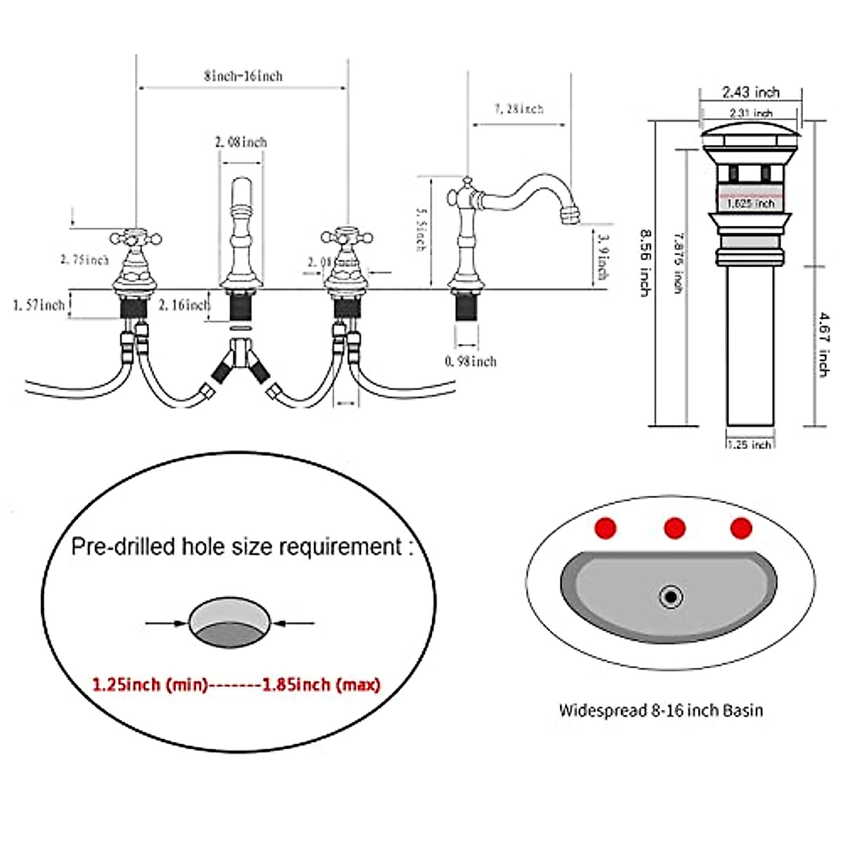 GGStudy Two Handles 3 Holes 8-16 inch Widespread Bathroom Sink Faucet Chrome Basin Mixer Tap