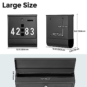 LAND·VOI Locking Mailbox with 4 Keys, Wall Mounted Metal Postbox，Nameplate, Newspaper Holder, Easy to Install, 3.4 x 11.8 x 13.3 Inches, Includes Vinyl Mailbox Numbers, Matt Black
