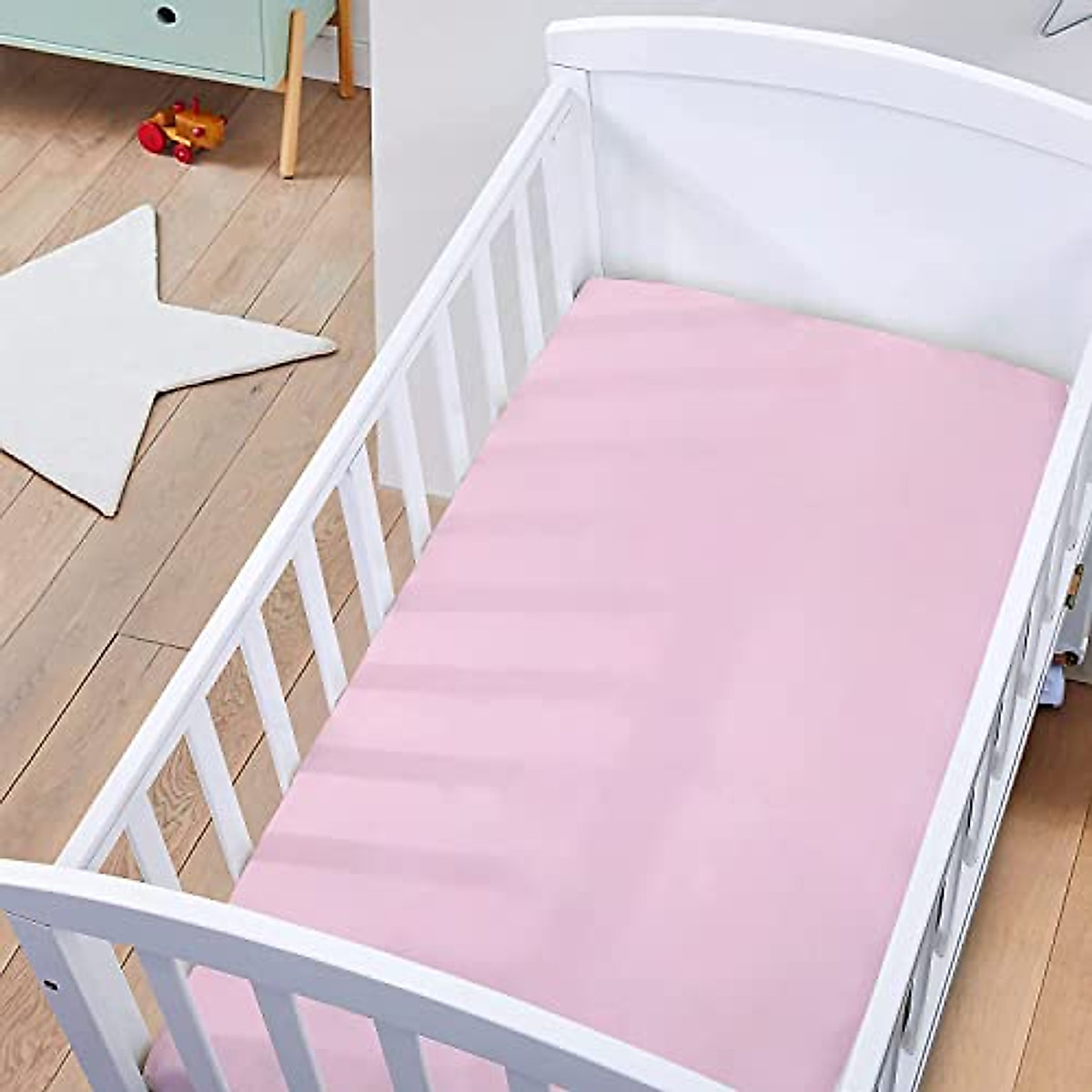 Pack N Play Sheets, 2 Pack Mini Crib Sheets Fits Standard Size 38" X 26" Playard Mattress, Soft and Stretchy, Playard Fitted Sheet, Pink Floral & Solid Pink